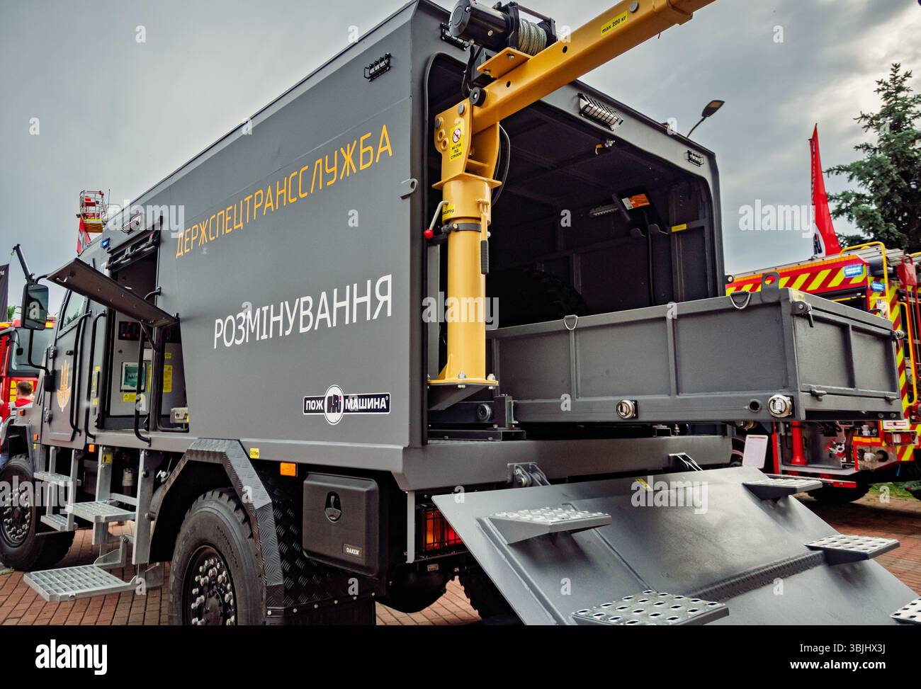 Ukraine, Kyiv - May, 27, 2025:Heavy-duty truck with crane for demining ...