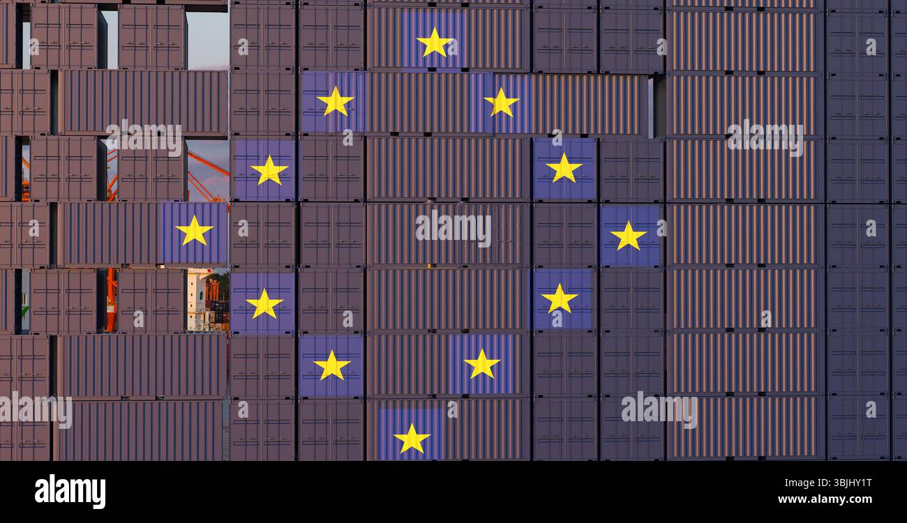 Stacks of Containers in the seaport stacked in the shape of the UE flag ...