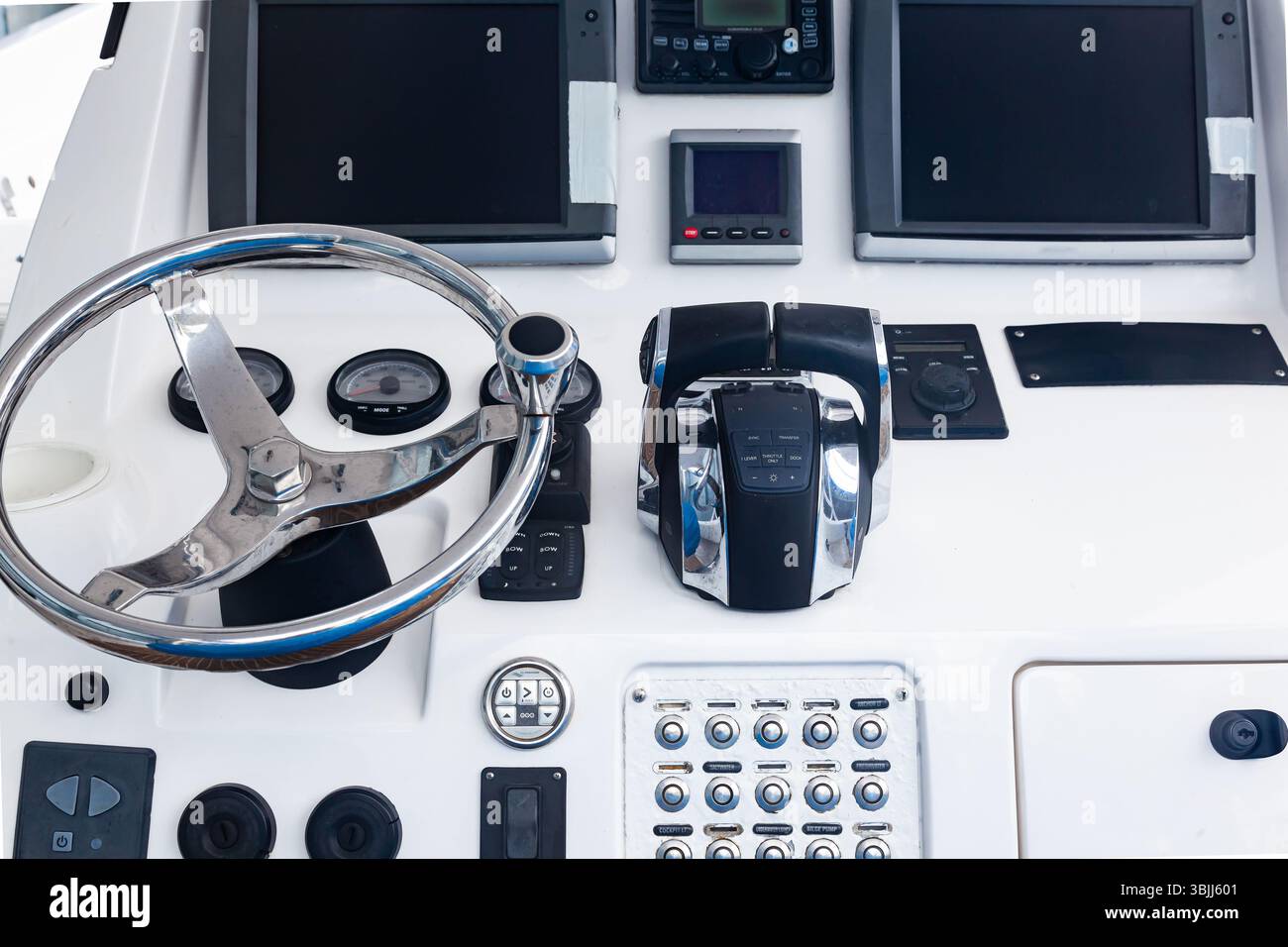 Luxury yacht control panel with steering wheel, gear levers, navigation ...