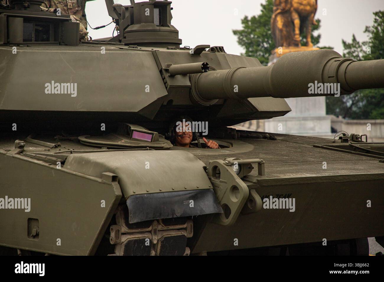 An M1 Abrams tank prepares for the 250th Army Birthday Parade, June 14 ...