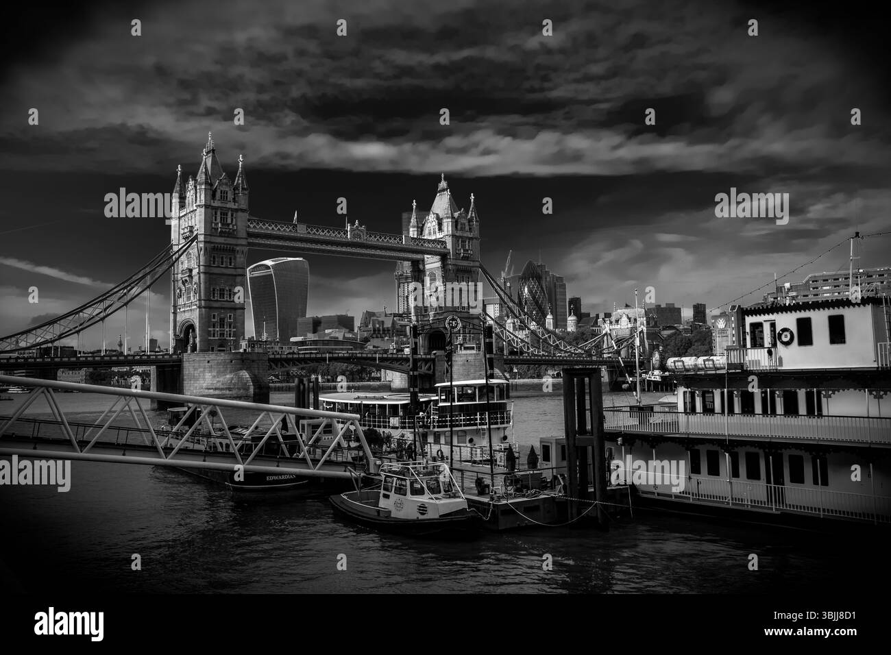 Black and white view over the architecture of Tower Bridge Stock Photo ...