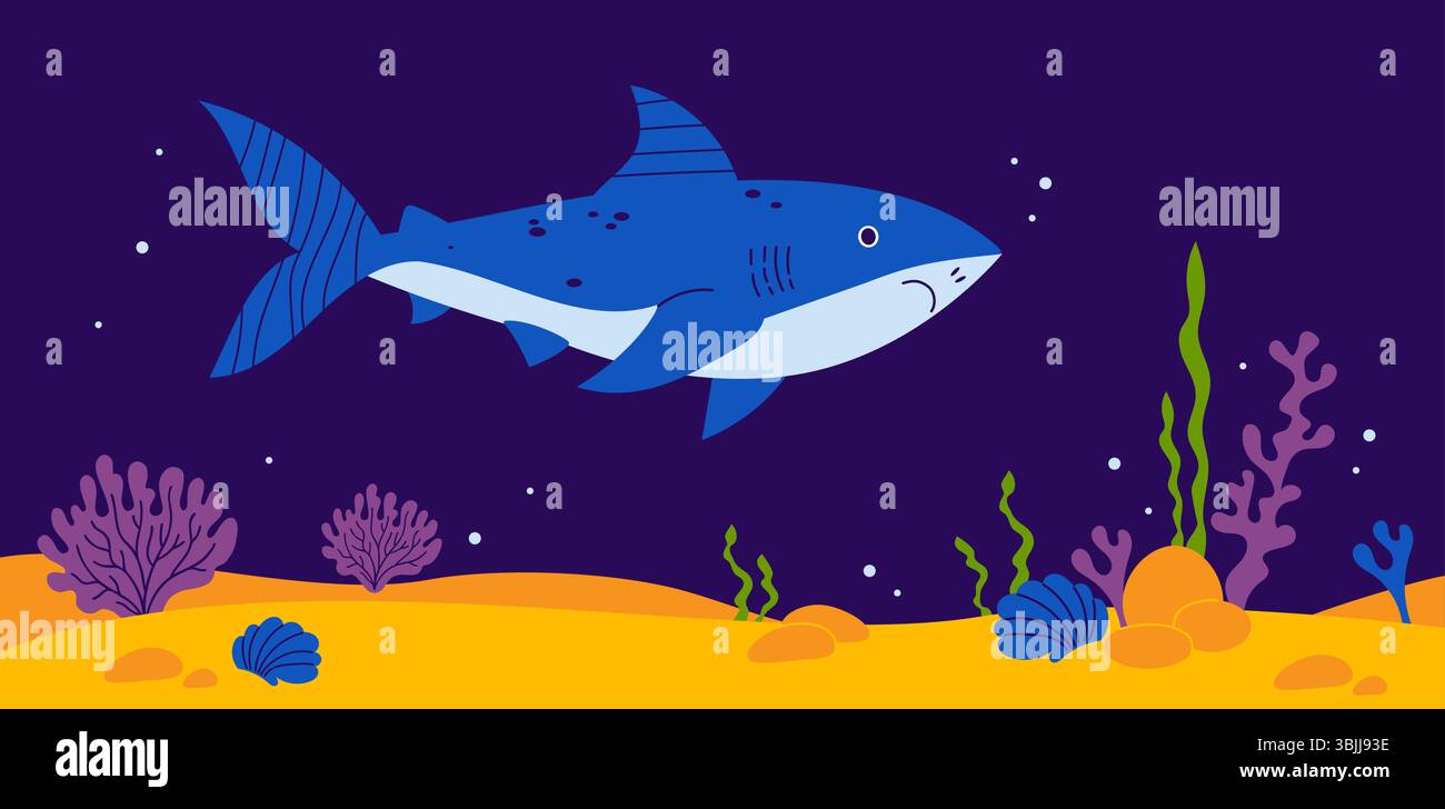 Shark with algae and sandy seabed on dark blue background. Horizontal ...