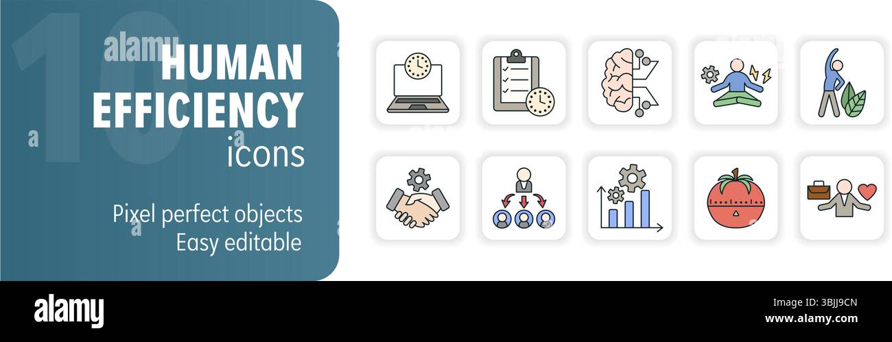 Ten colorful icons representing concepts of human efficiency and ...