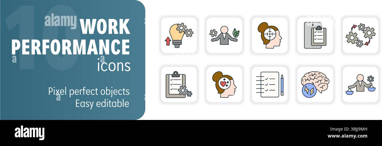 Ten icons representing a businesswoman improving her work performance ...