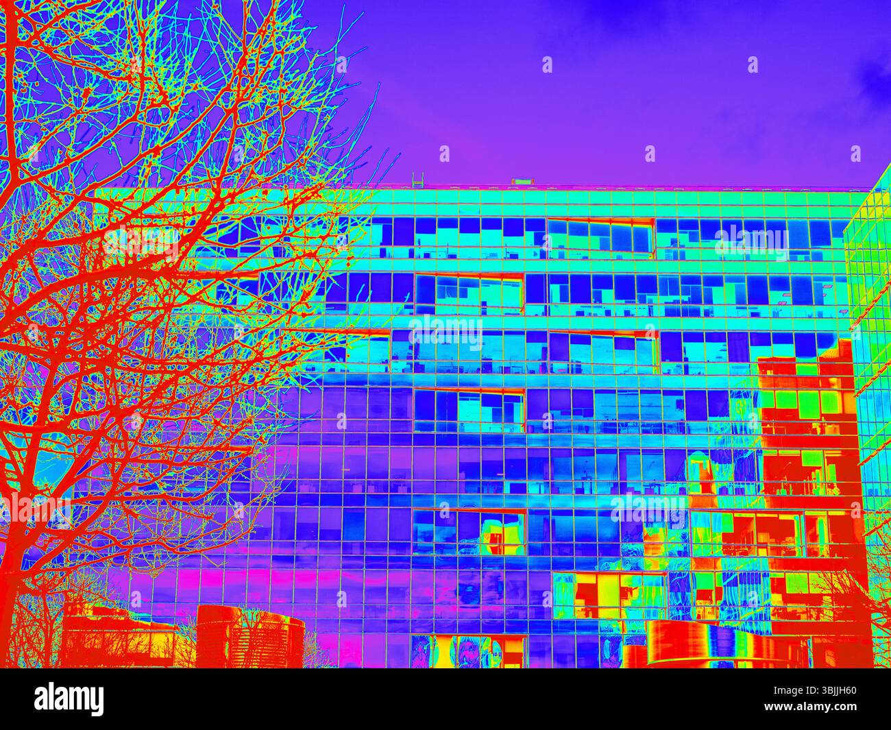 Infrared Thermal Image of Building Facade with Tree. Modern city ...