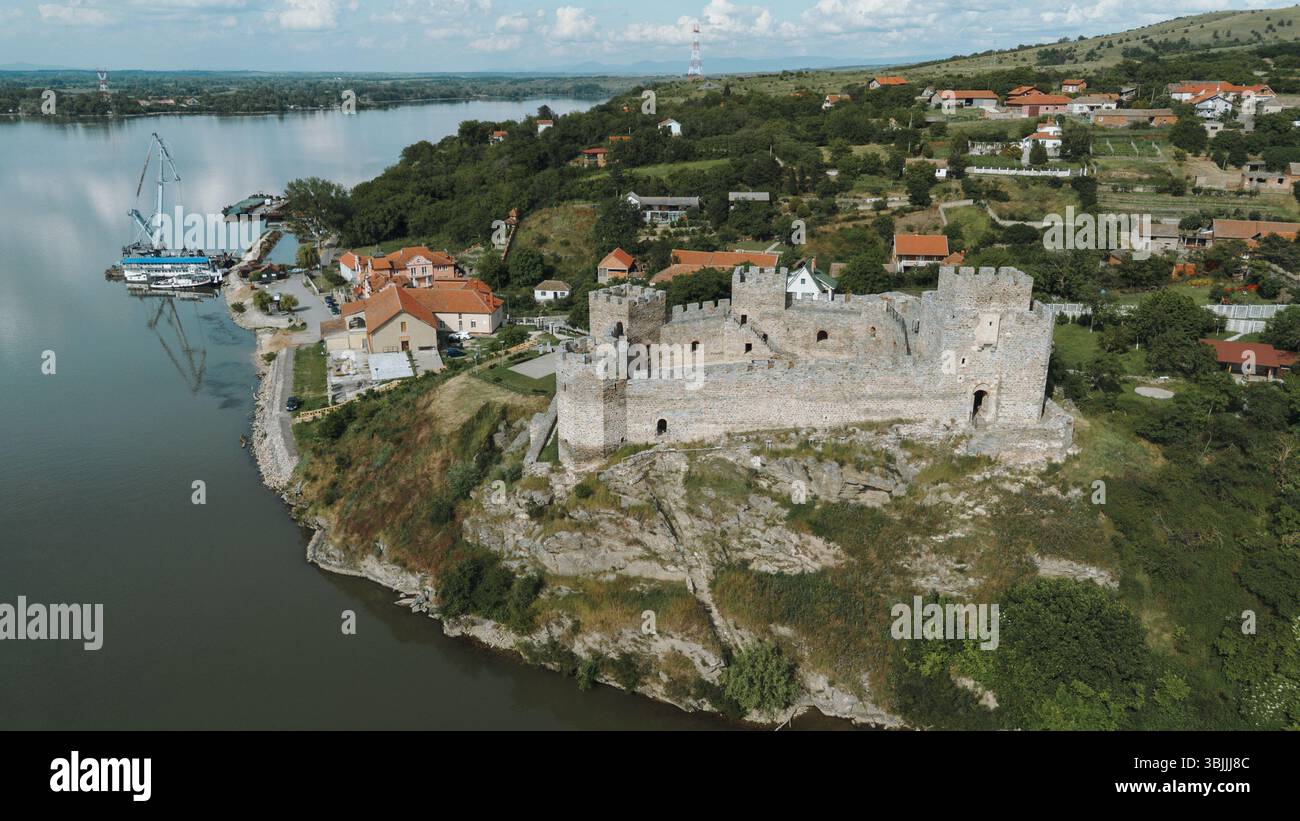 Aerial view of Ram Fortress on the banks of the Danube River in Serbia ...