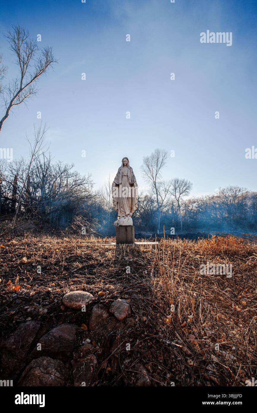 Statue of Mary in burning field vertical Stock Photo - Alamy