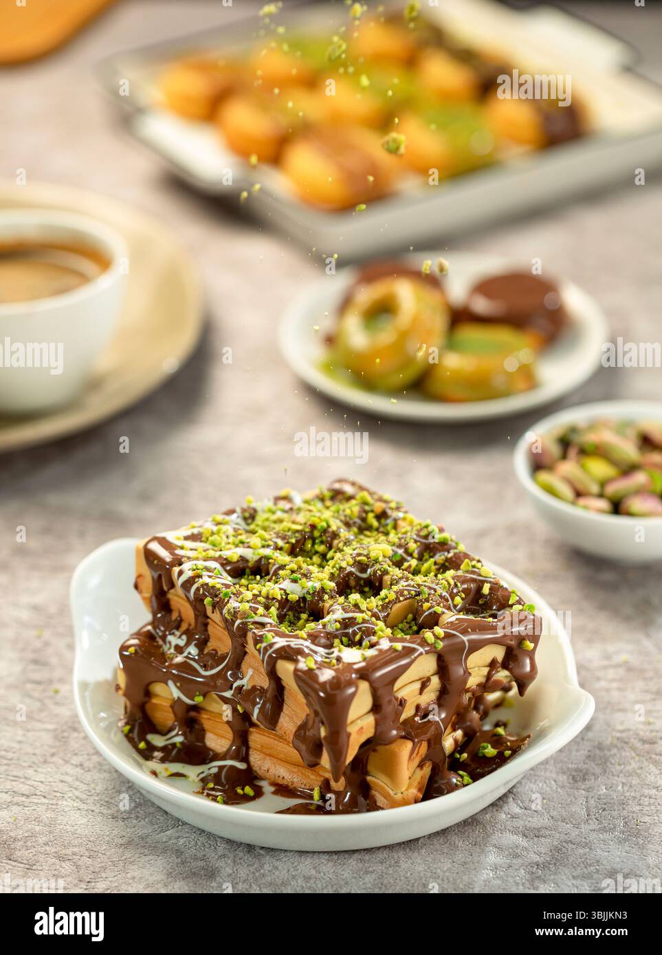 Nutella and pistachio waffle, rich and sweet Western-style dessert ...