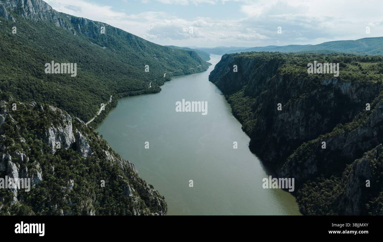 Aerial view of the Danube River cutting through the dramatic cliffs of ...