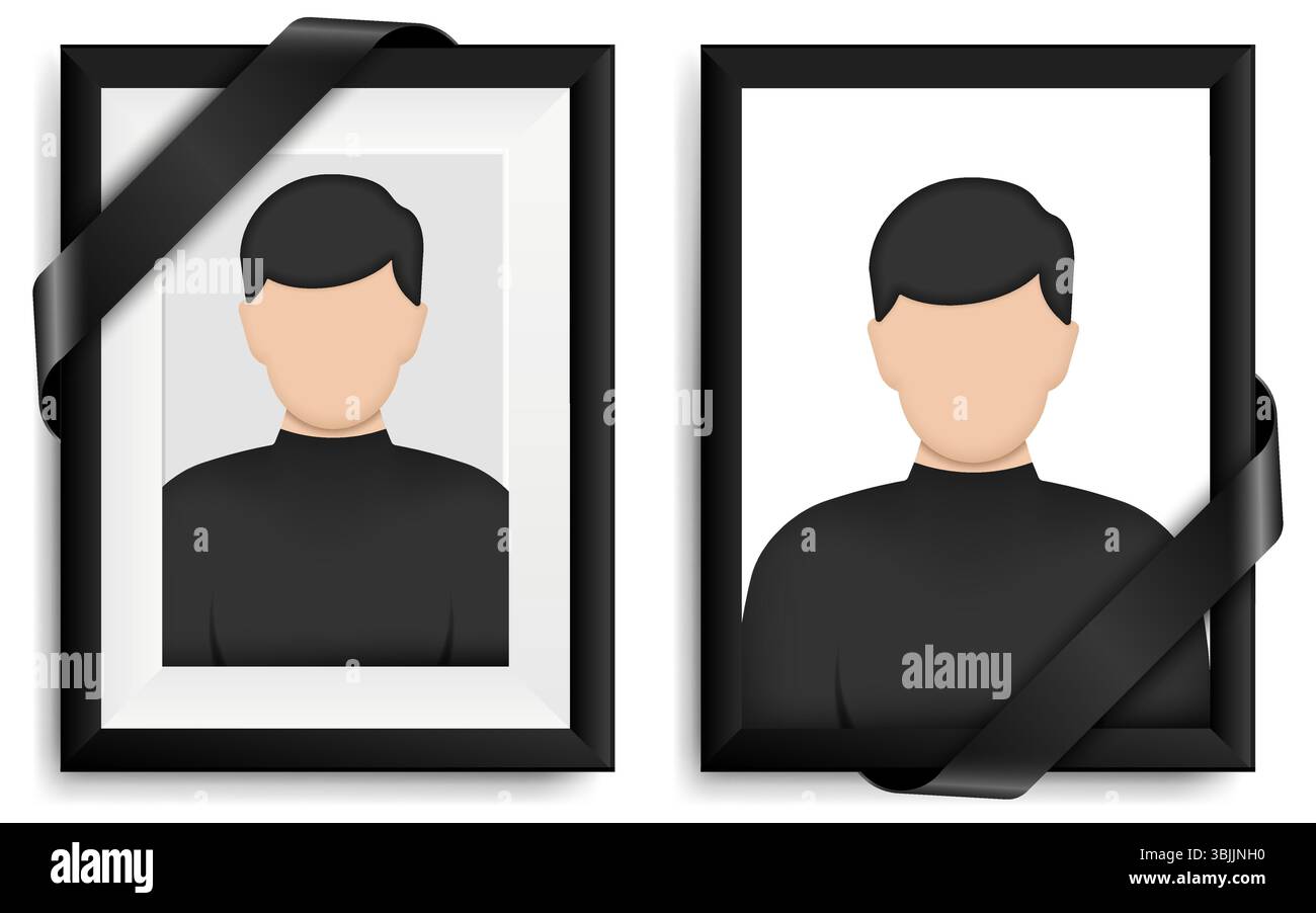 Illustration of two faceless male portraits framed with black ribbons ...