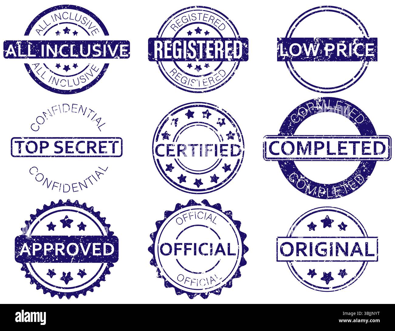 Vector set of grunge-style purple stamps with popular keywords for ...