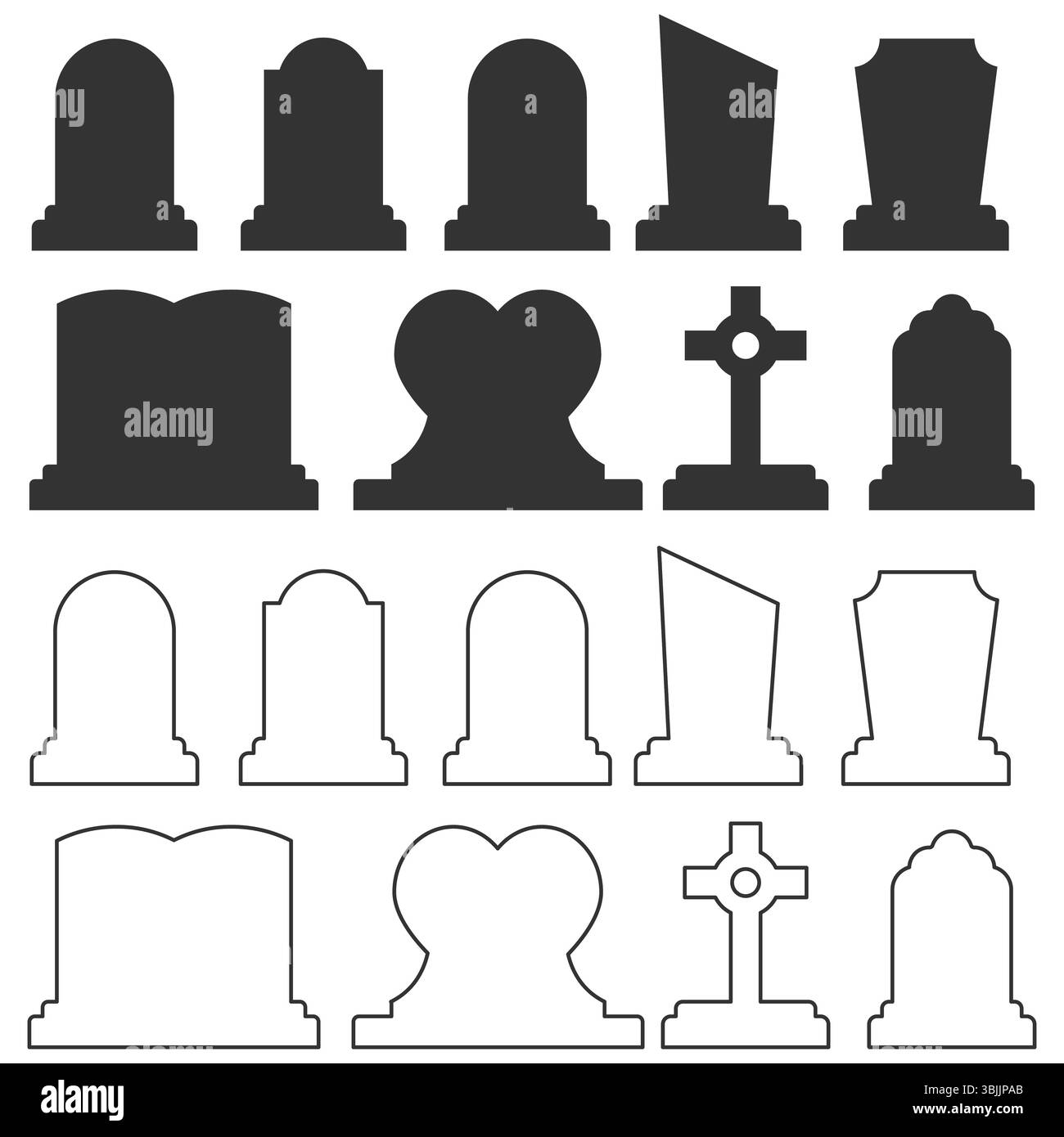 Set of tombstone icons in silhouette and outline style. Includes various gravestone shapes for ...