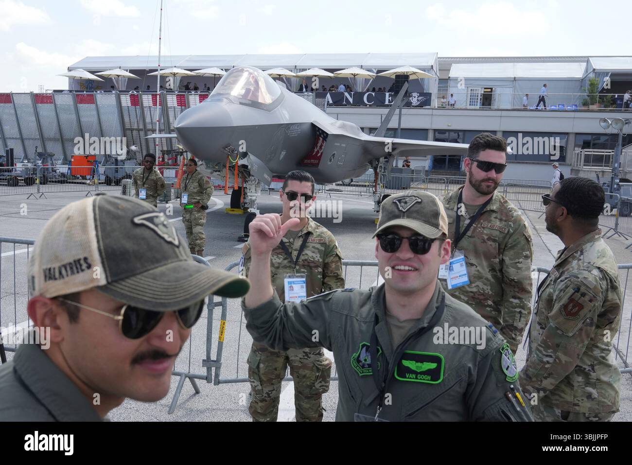 US soldiers soldiers stand by a F-35 A jet fighter on display at the ...