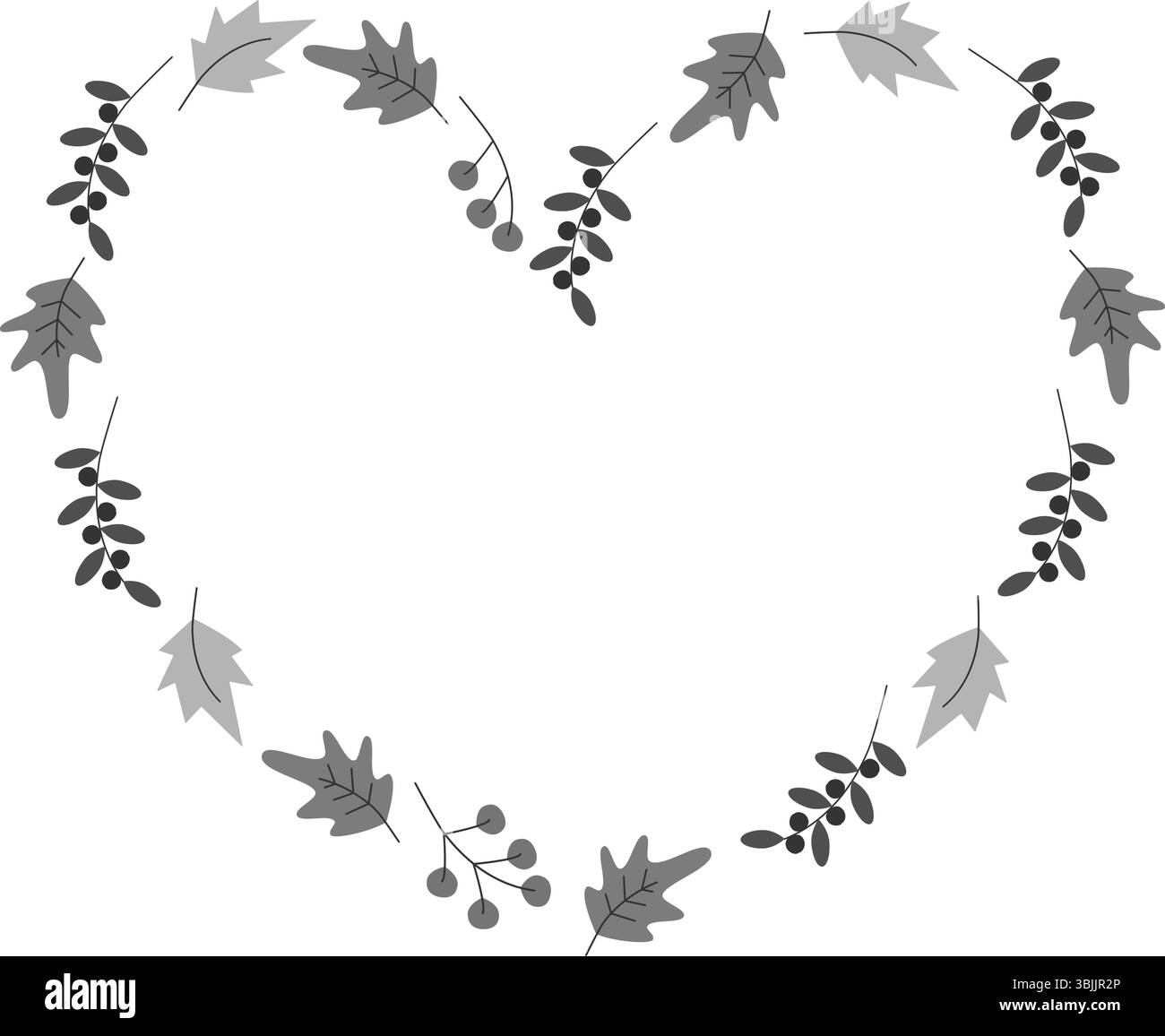 Hand Drawn Autumn leaves and twigs in grayscale shape Heart ...