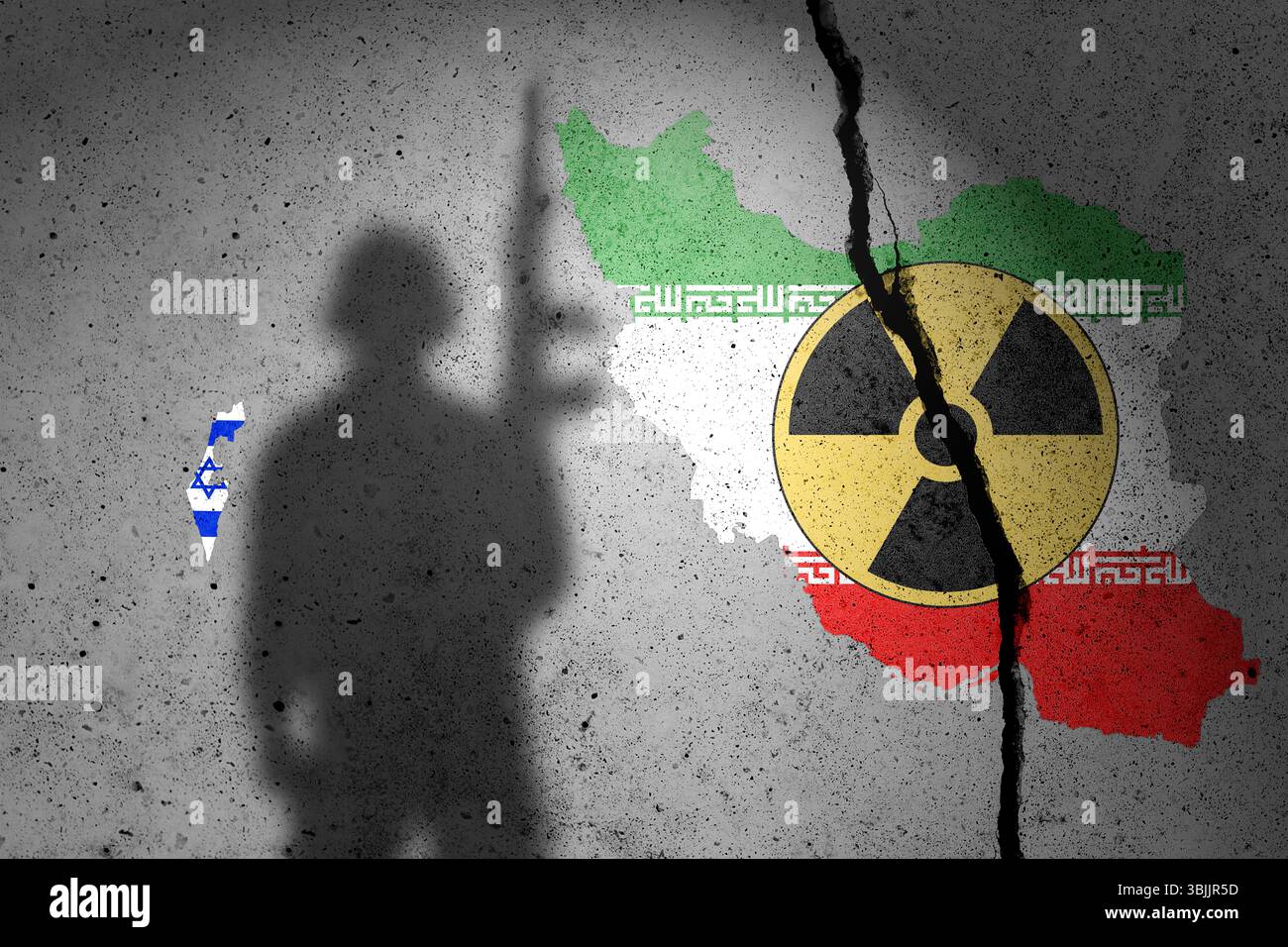 Flags of Israel and Iran with nuclear weapon sign painted on a cracked ...
