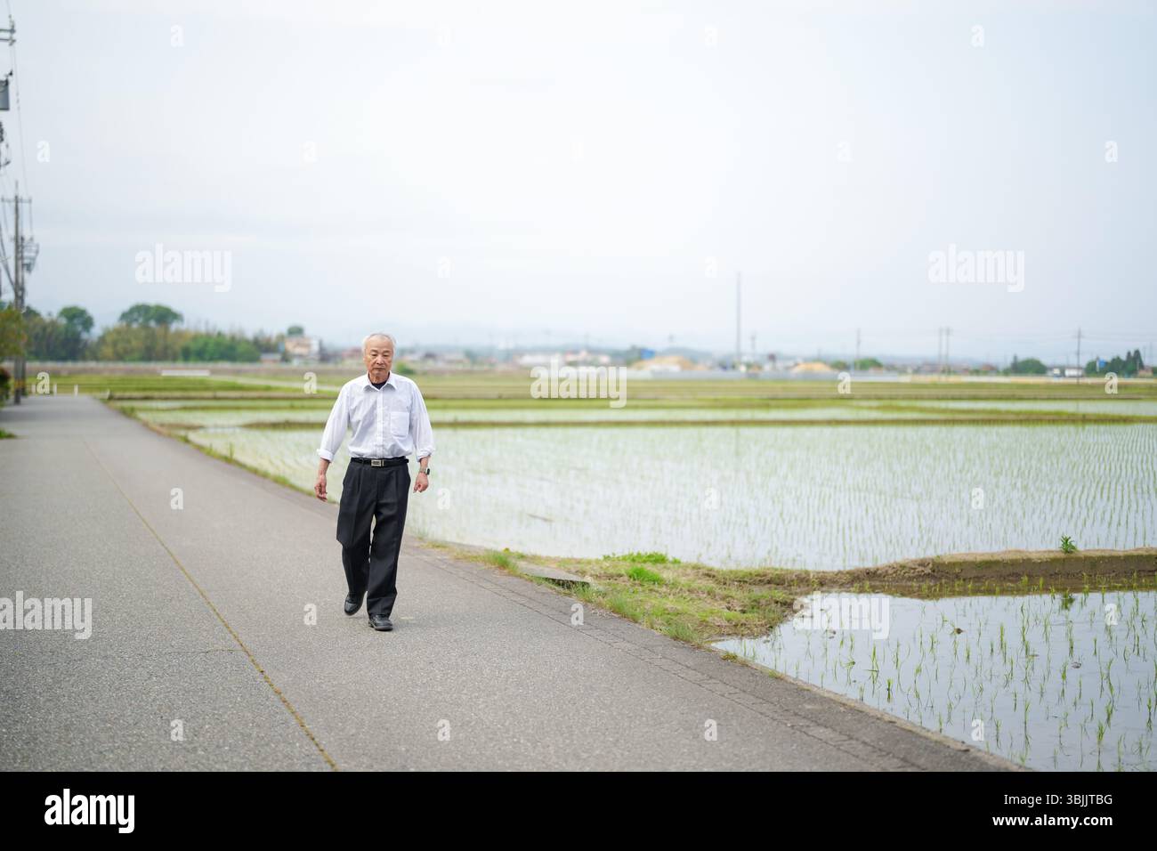 In rural Japan, a Japanese man in his late 70s walks along a farm road ...