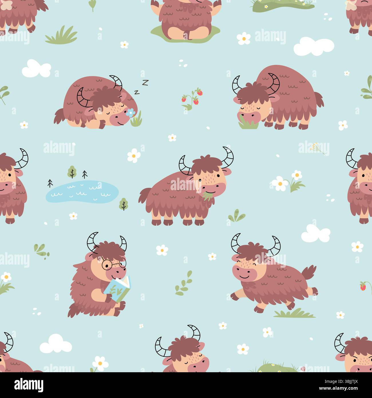 Yak seamless pattern. Funny cartoon yaks in different activities. Cute ...