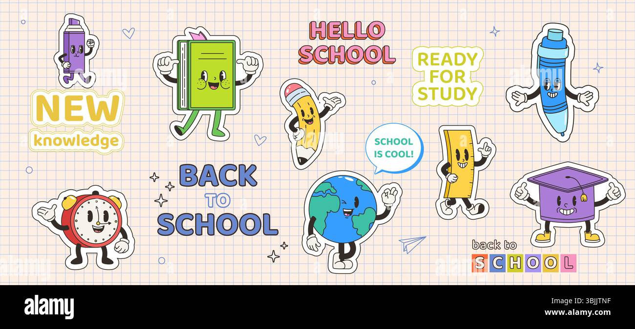 Groovy style book pencil marker alarm clock academic cap and planet ...