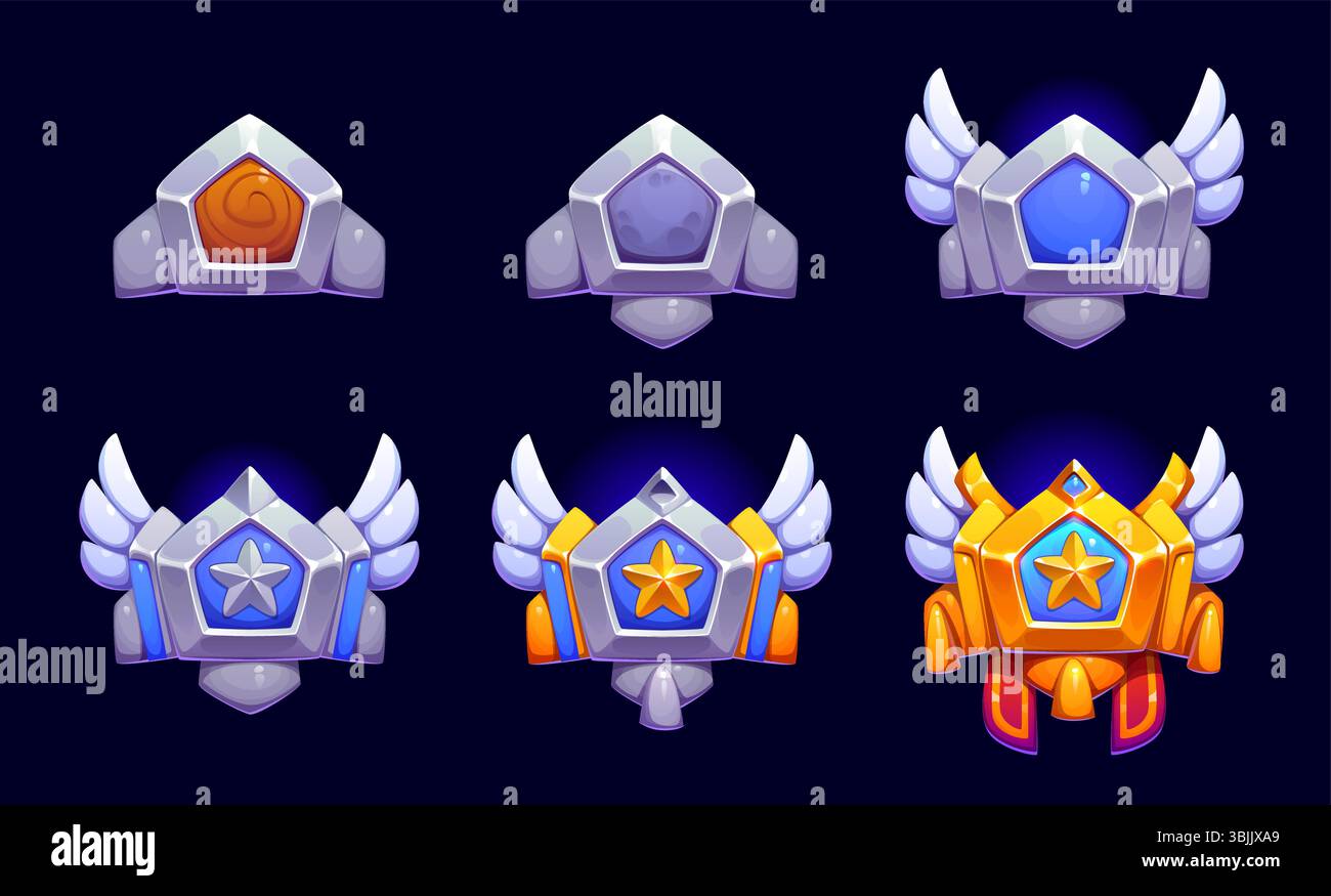 Rating star game rank badges, level progress stages set, vector game UI ...