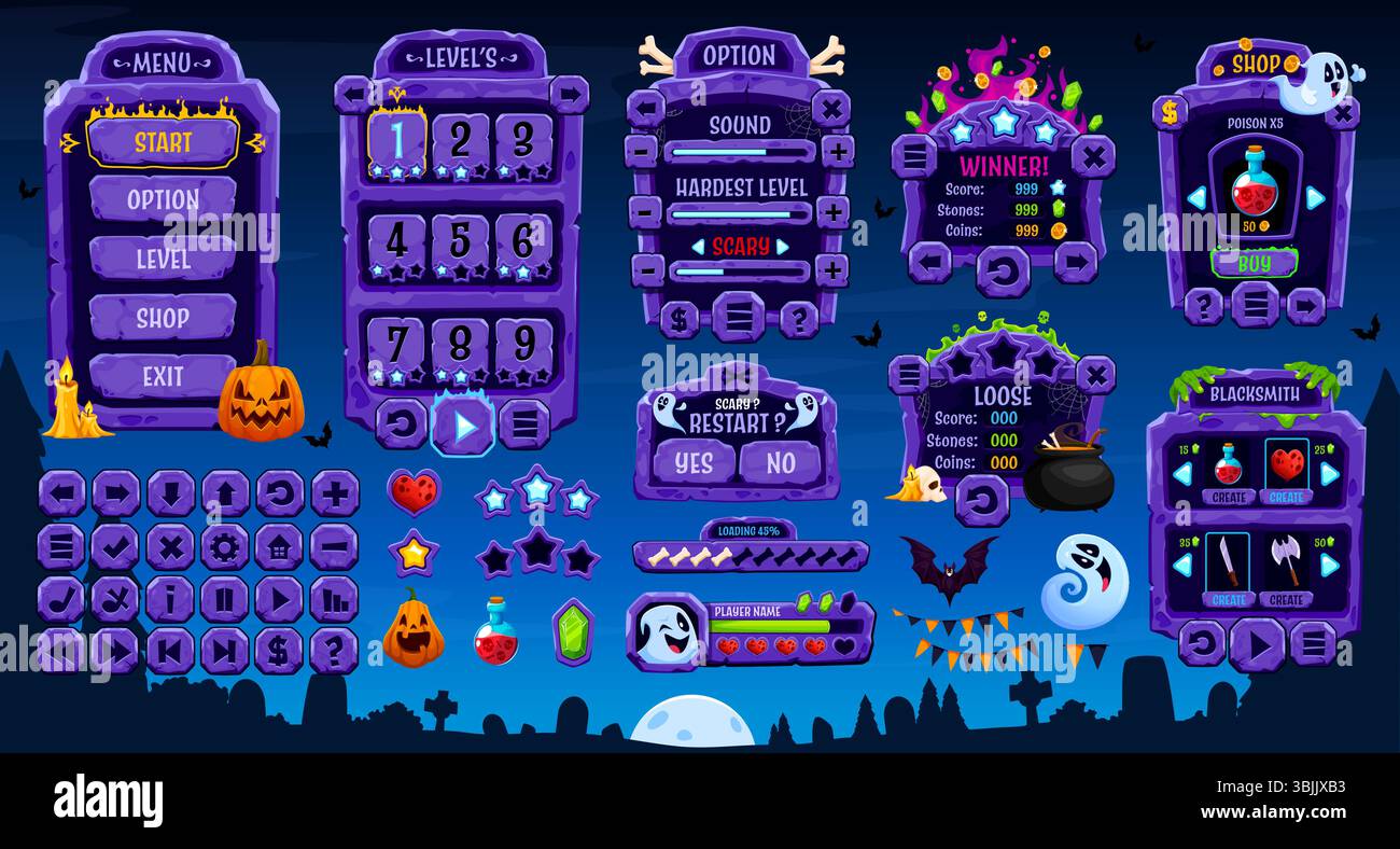 Halloween game interface of GUI menu panel and bars, vector UI elements ...