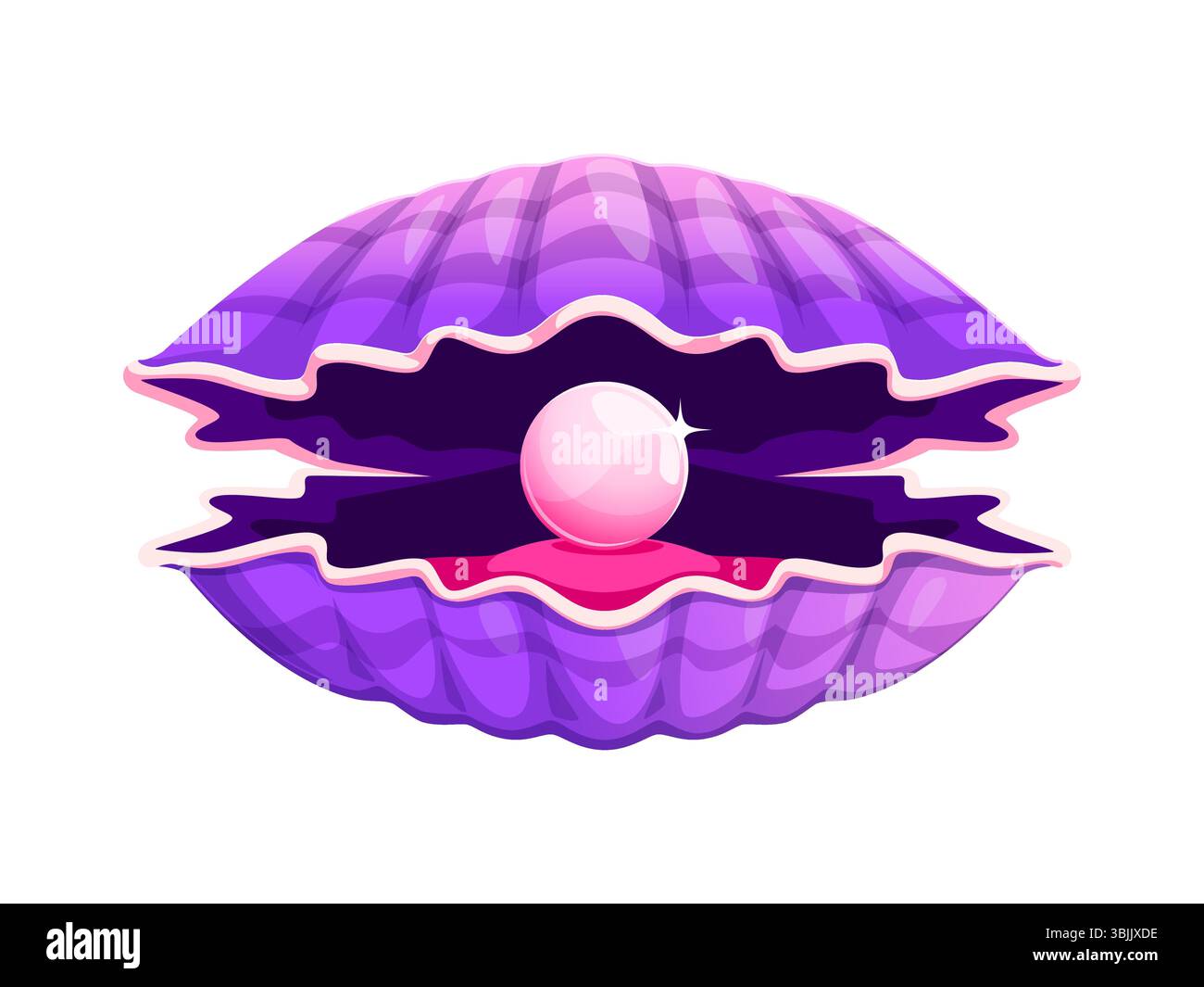 Cartoon pearl shell scallop, purple underwater oyster and seashell with ...