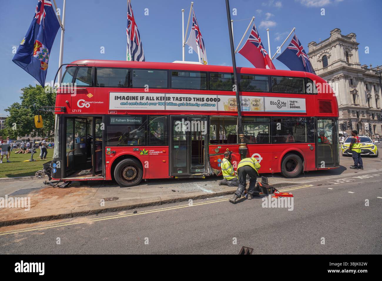 London, UK. 16 June 2025. Police and emergency services at the scene after number 11 route ...