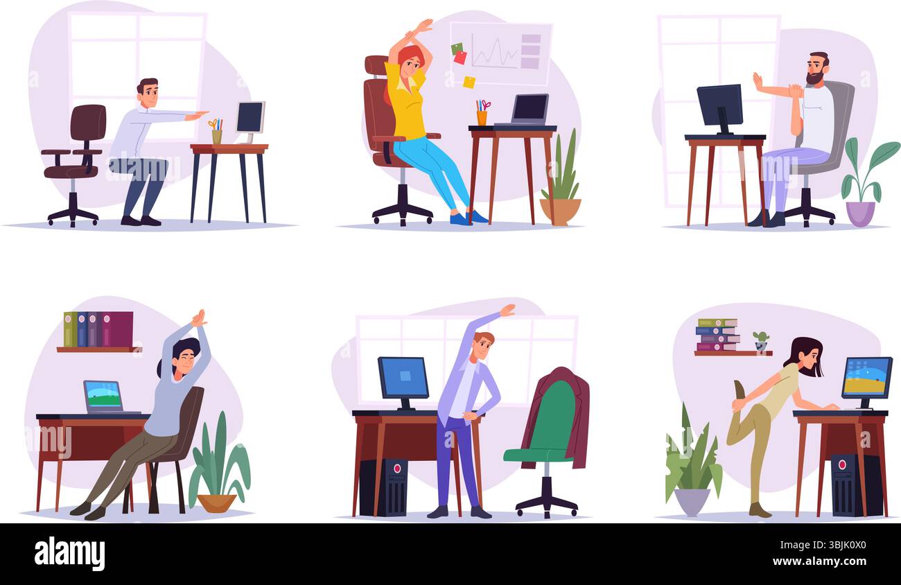 Stretching characters. Business people making sport or yoga simple ...
