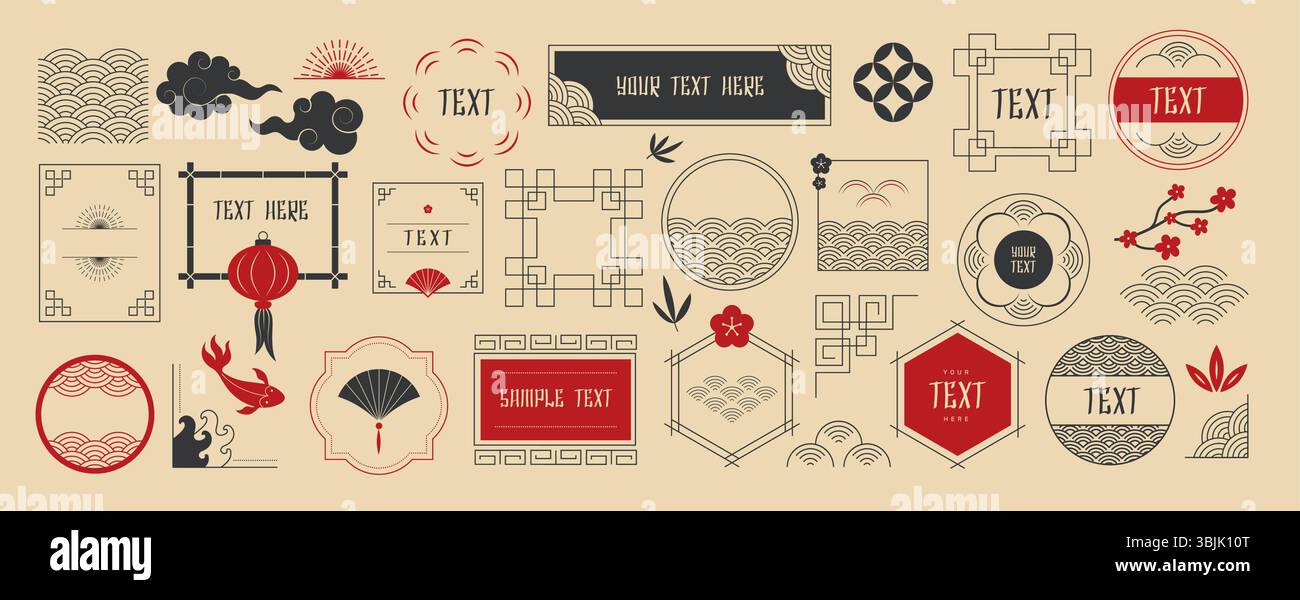 Japanese borders. Asian stylized frames dividers geometrical shapes for ...