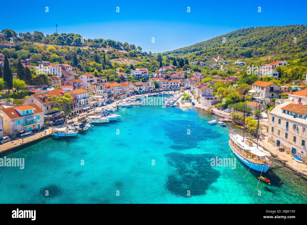 Aerial view of tranquil bay in Stomorska on Solta Island, Croatia ...
