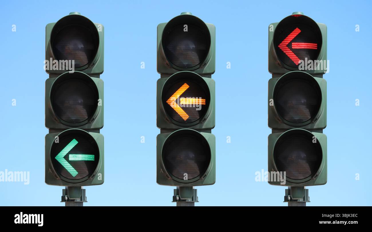 Sequence of a traffic light with left turn arrow: green, yellow and red ...