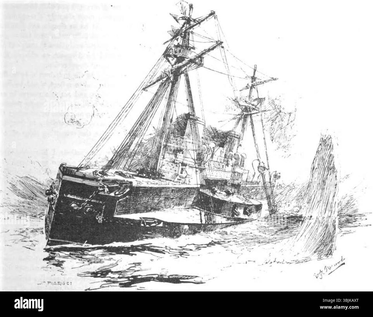 The image shows an Inflexible-type ironclad ship heeling over after ...