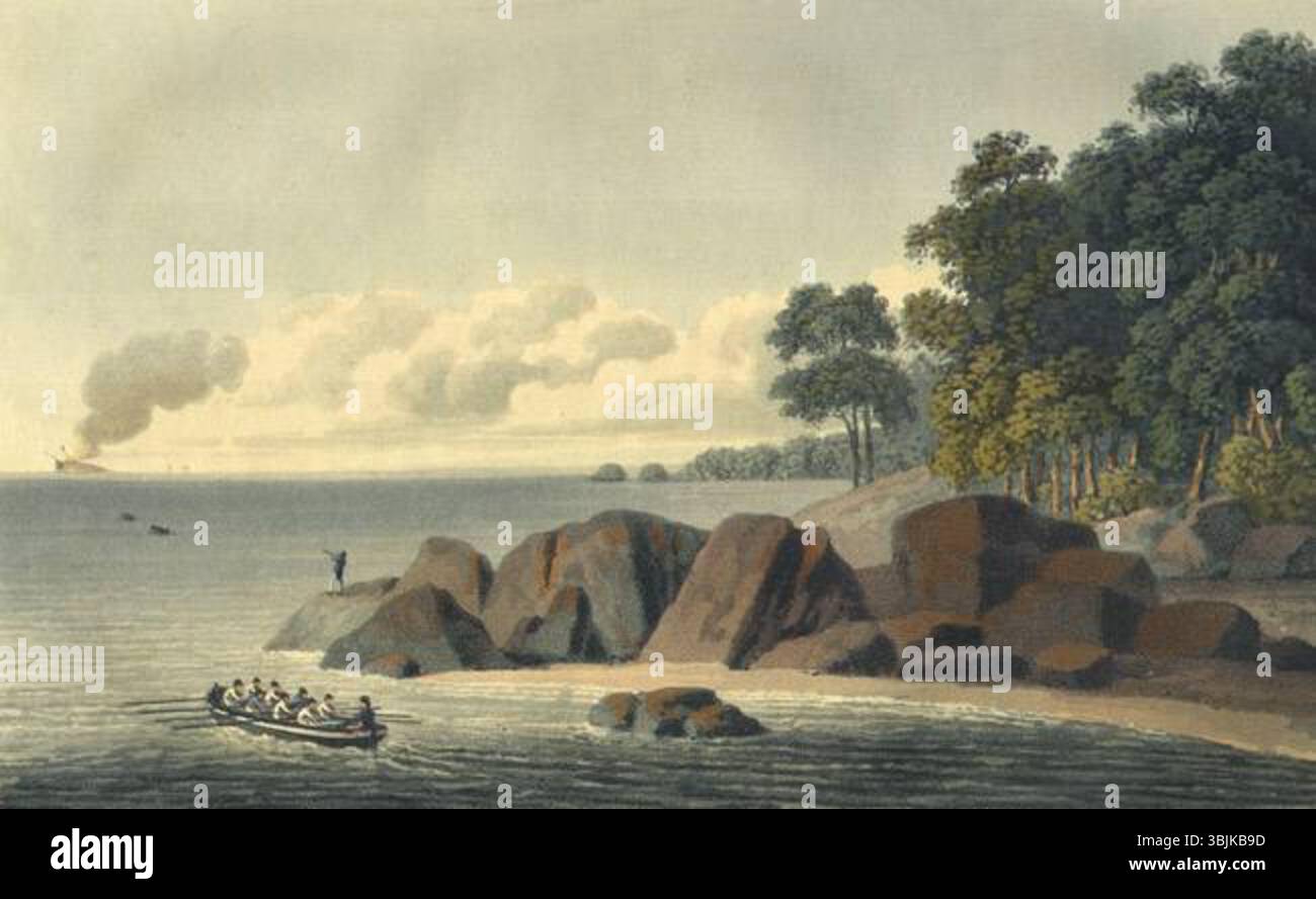 This 1819 engraving depicts the sinking of the HMS Alceste off the ...