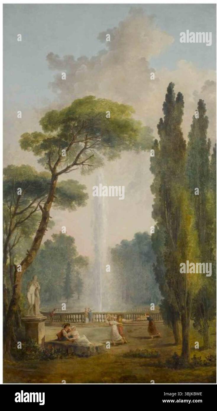 Hubert Robert’s landscape painting presents a garden with a large ...