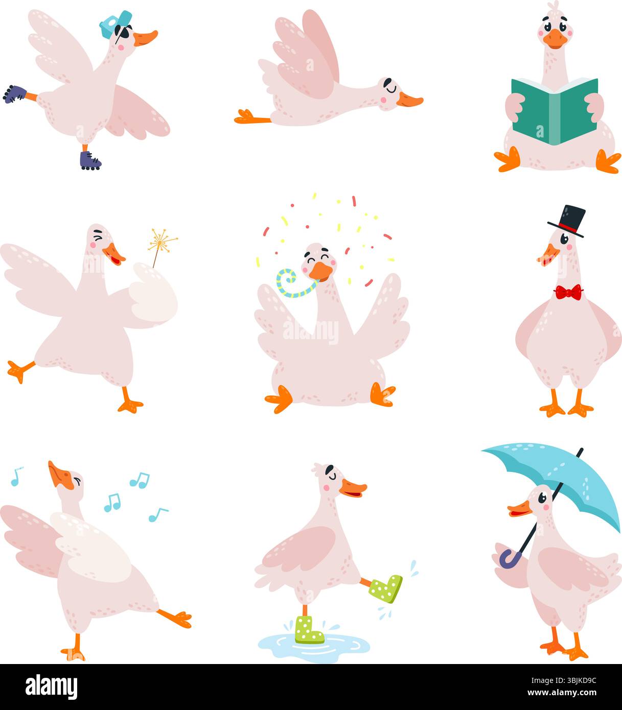 Funny goose. Cute geese in different poses, farm bird read book, flying ...