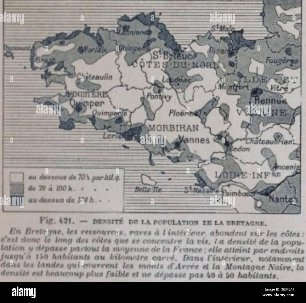 Marcel Dubois (1856–1916) created the map *Densités population Bretagne ...