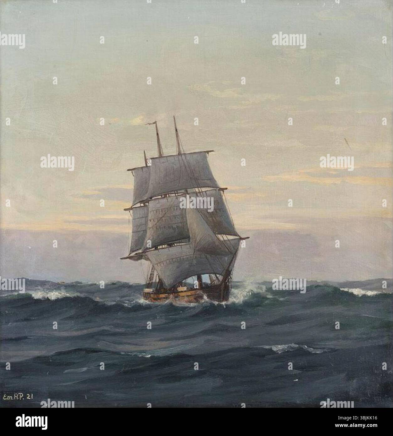 Oil painting by Emanuel A. Petersen from 1921 titled 'Ship in Open Seas ...