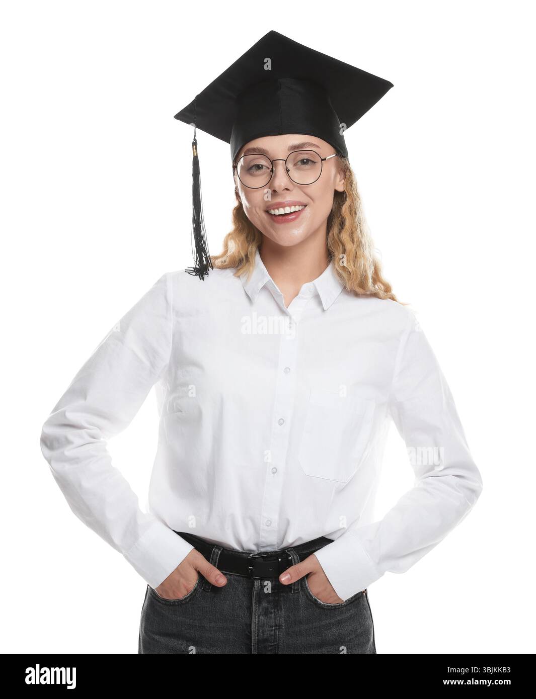 Happy student after graduation on white background Stock Photo - Alamy