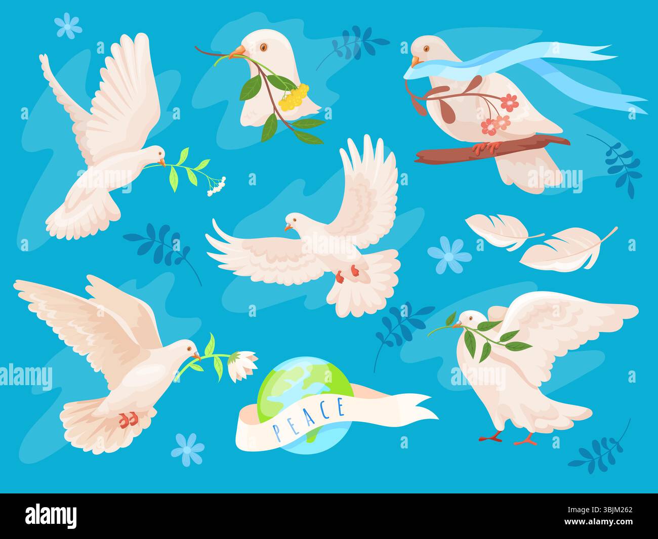 Cartoon dove of peace. White pigeon flying bird with olive branch in ...
