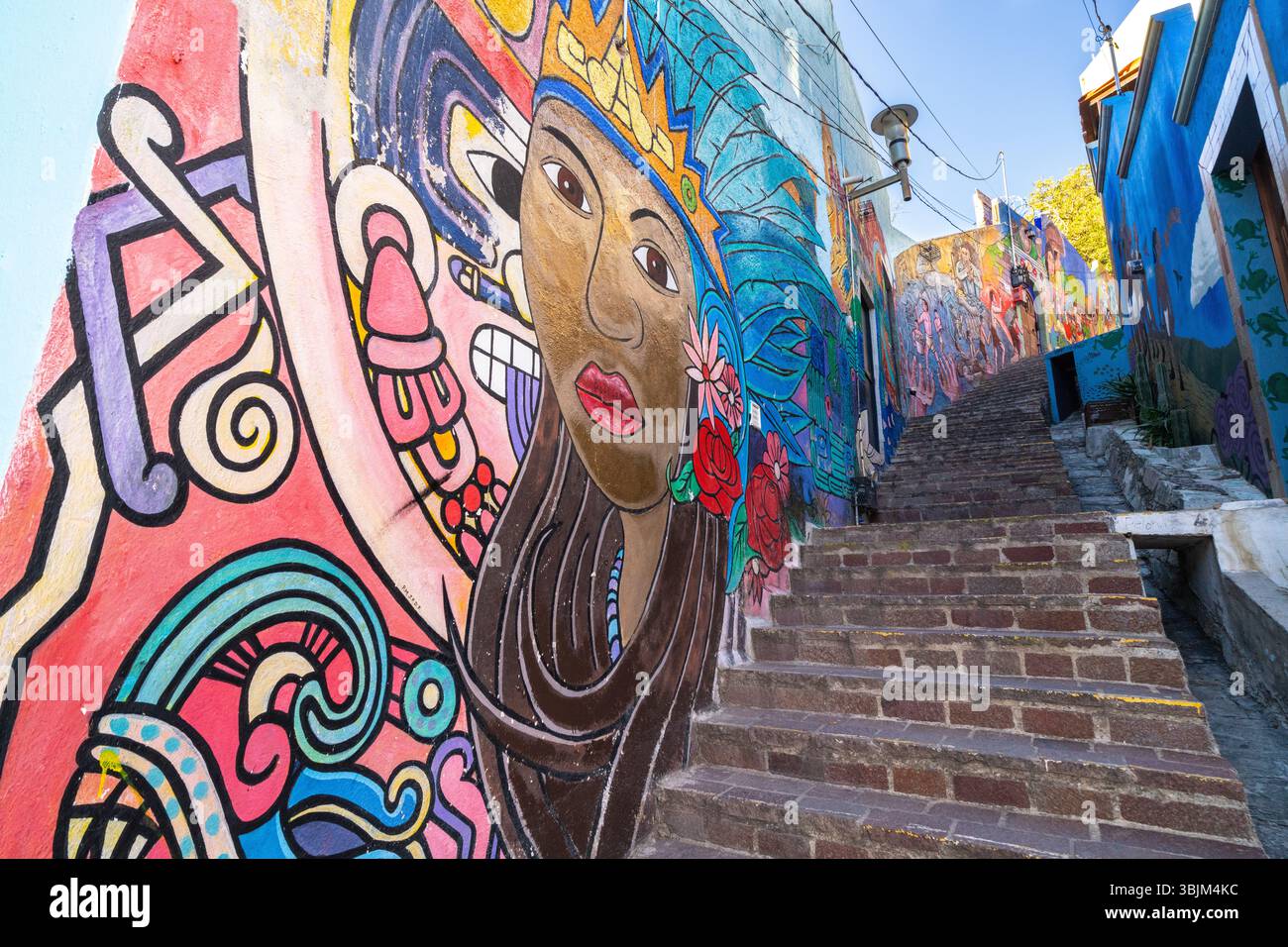 A community mural painted on the wall of a home depicting indigenous ...