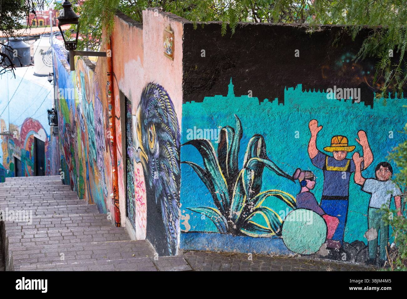 Community murals painted on the walls of homes on the steep pedestrian ...