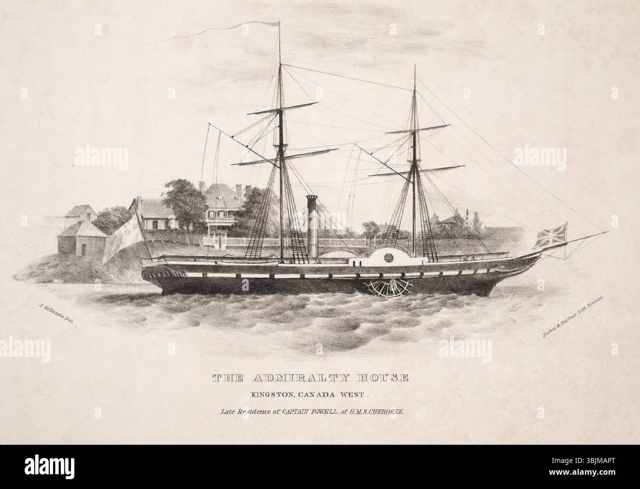 This cropped engraving by John Gillespie shows the HMS Cherokee, a ...