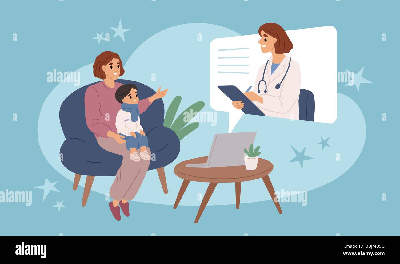 Pediatric online consultation. Baby remote examination, son sitting on ...