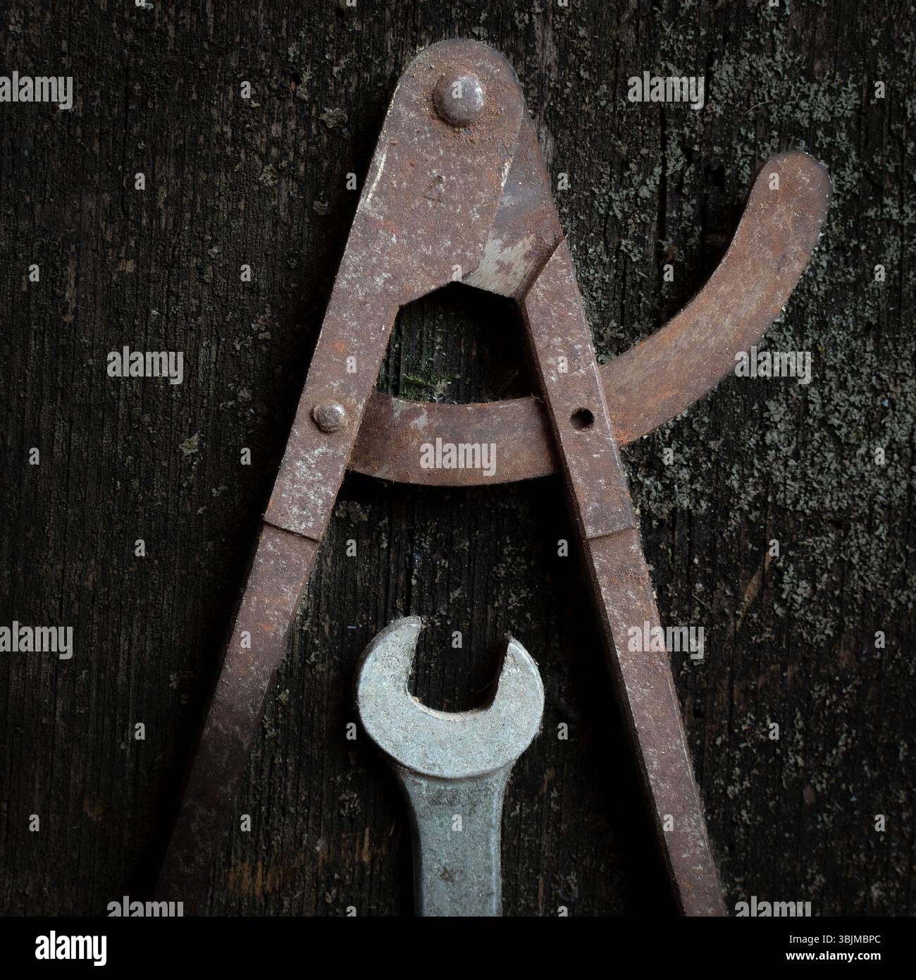 Two old metal tools, a caliper and adjustable wrench, lay on a textured ...