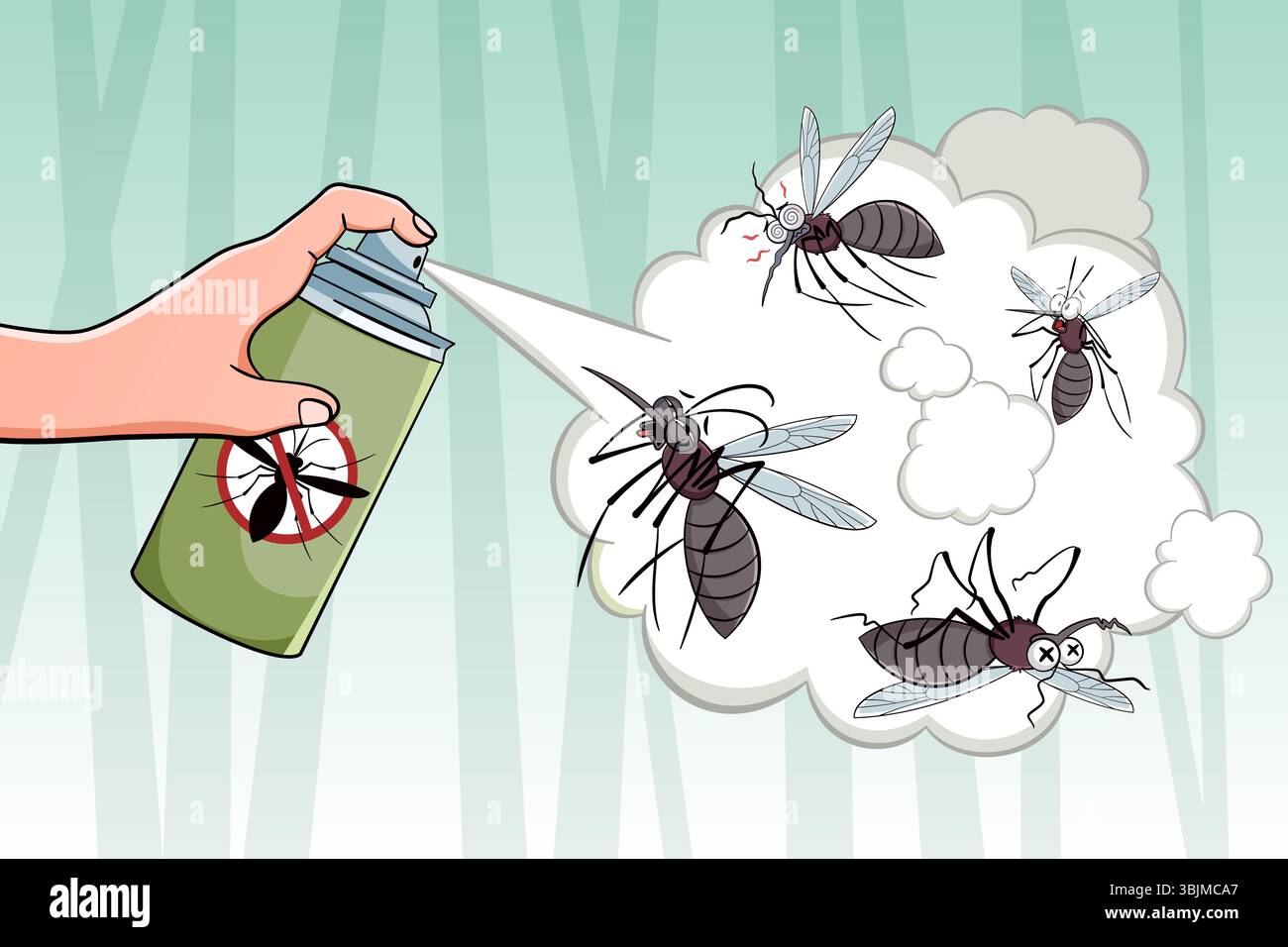 Mosquito poisoning. Human hand sprays can, insecticide bottle, scared ...