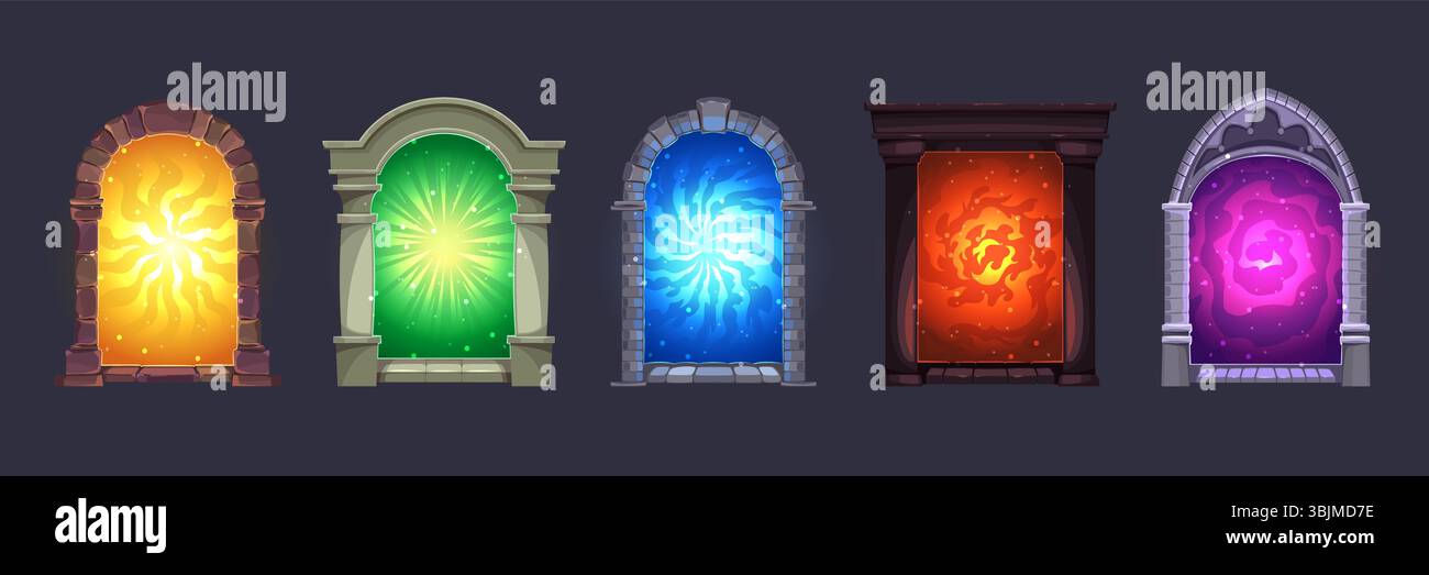 Magic portals. Fantasy game, stone arches, magic effects, medieval ...