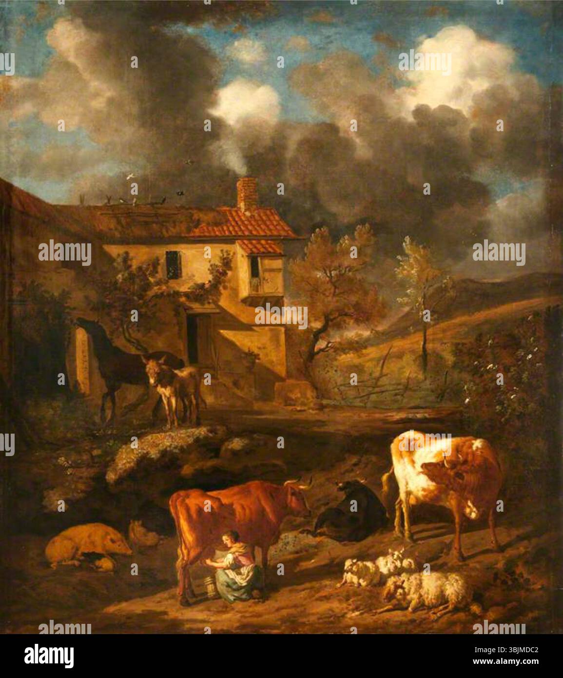 van den Bergen, Dirck; Landscape with a Milkmaid Milking a Cow, a Farm ...