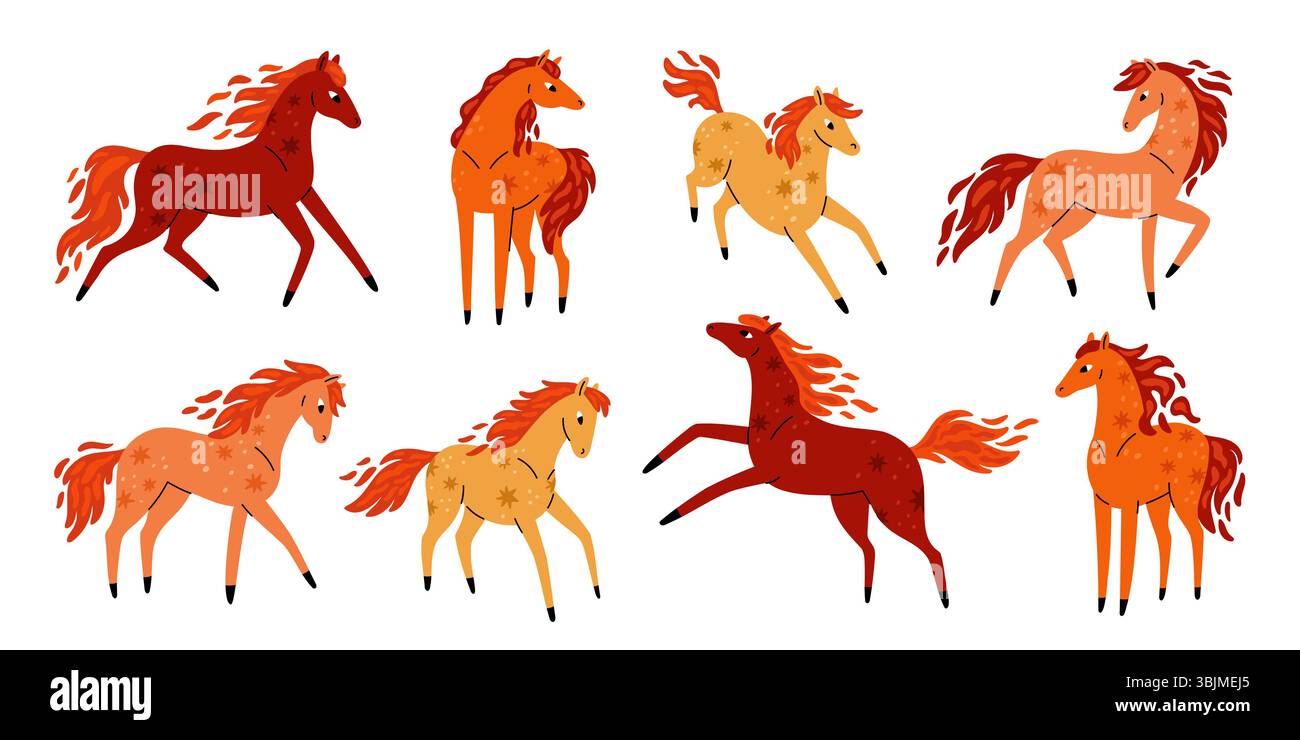 Funny horses. Cartoon cute steeds characters, burning animals, new year ...