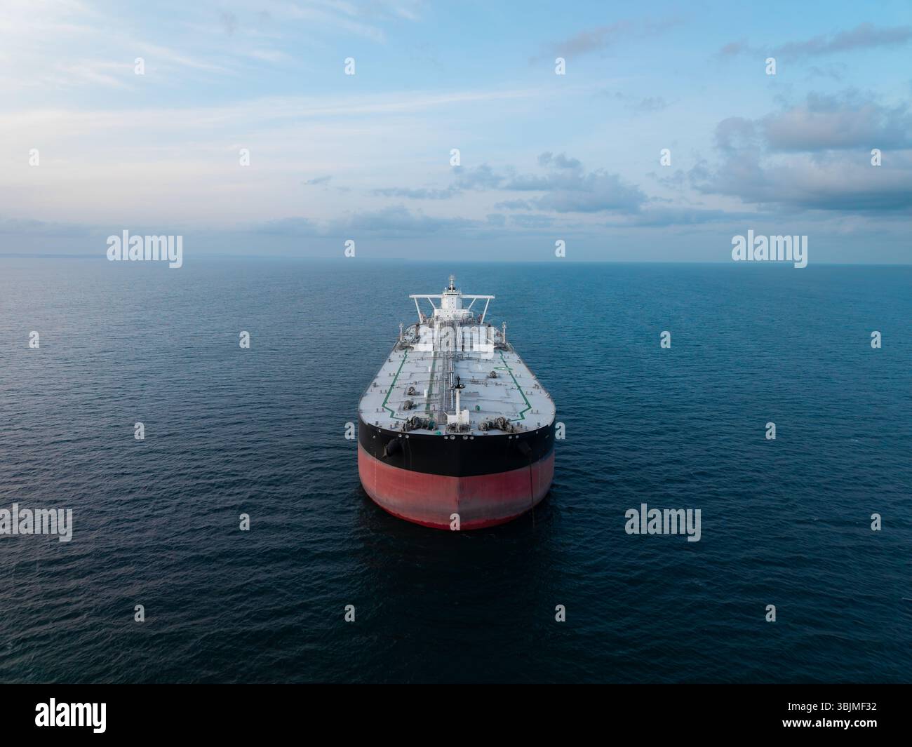 Aerial view above a large crude oil product tanker ship on the high ...