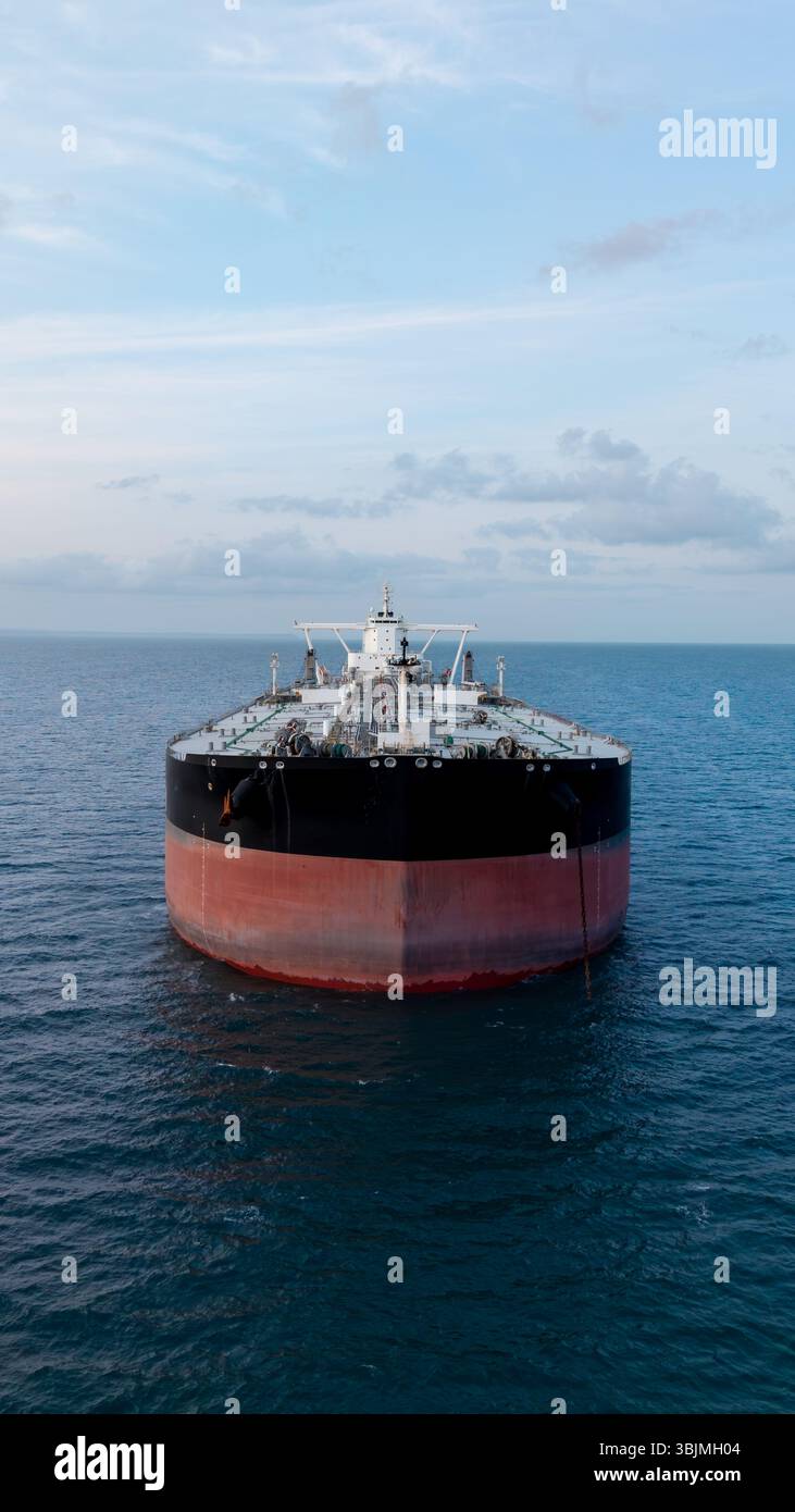 Aerial view above a large crude oil product tanker ship in the Strait ...