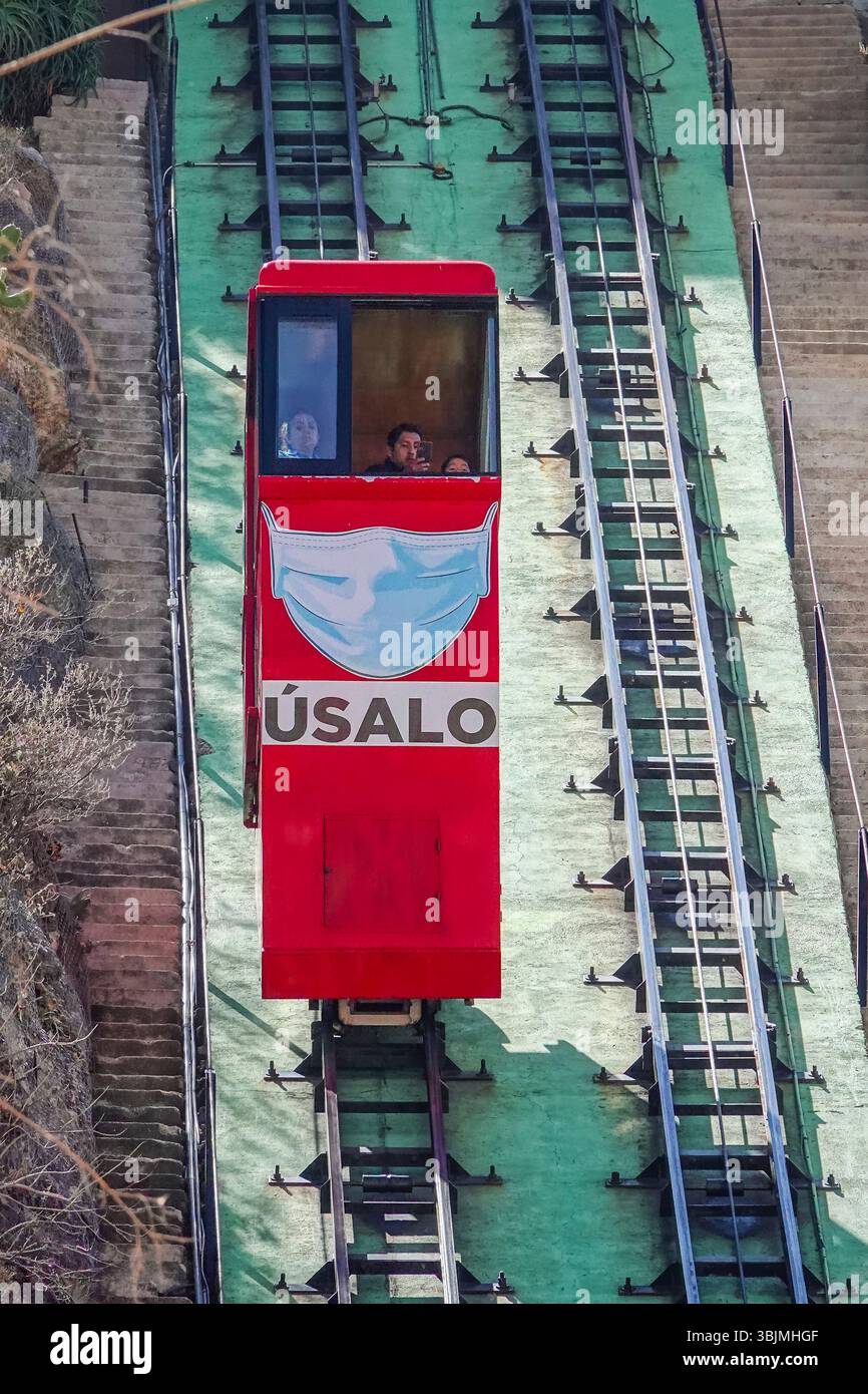 The tiny red funicular railway travels down San Miguel Hill to the ...